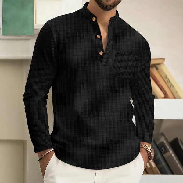 Men’s Textured Mandarin Collar Linen-Feel Shirt – Stylishoe