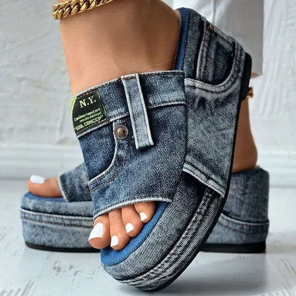 Women's Denim Platform Slides, Outdoor Wedge – Stylishoe