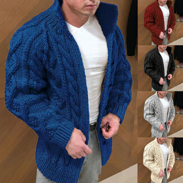 Men’s Chunky Cable-Knit Stand Collar Cardigan – Stylishoe