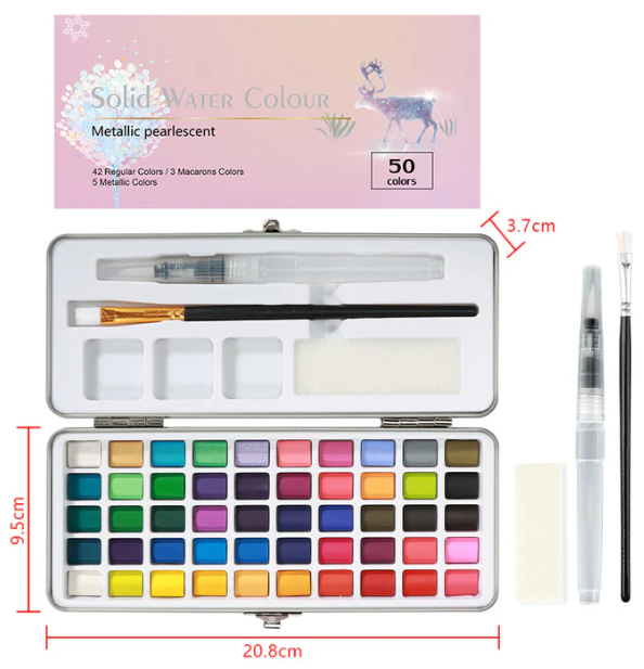 Portable Watercolour Paint Set with 50 Pans and Travel Brush Kit ...