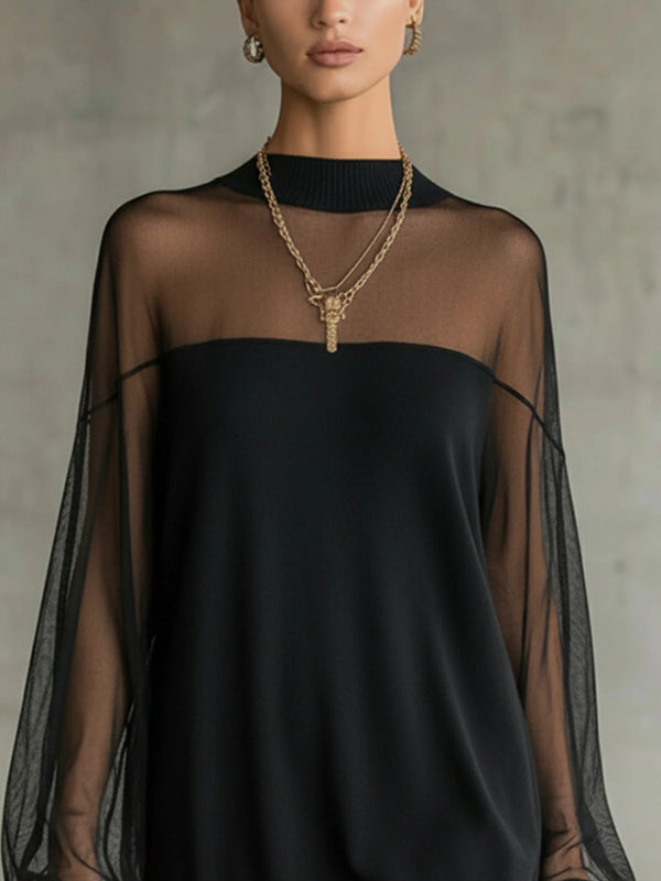 Women’s High-Neck Mini Dress with Sheer Mesh Sleeves – Stylishoe