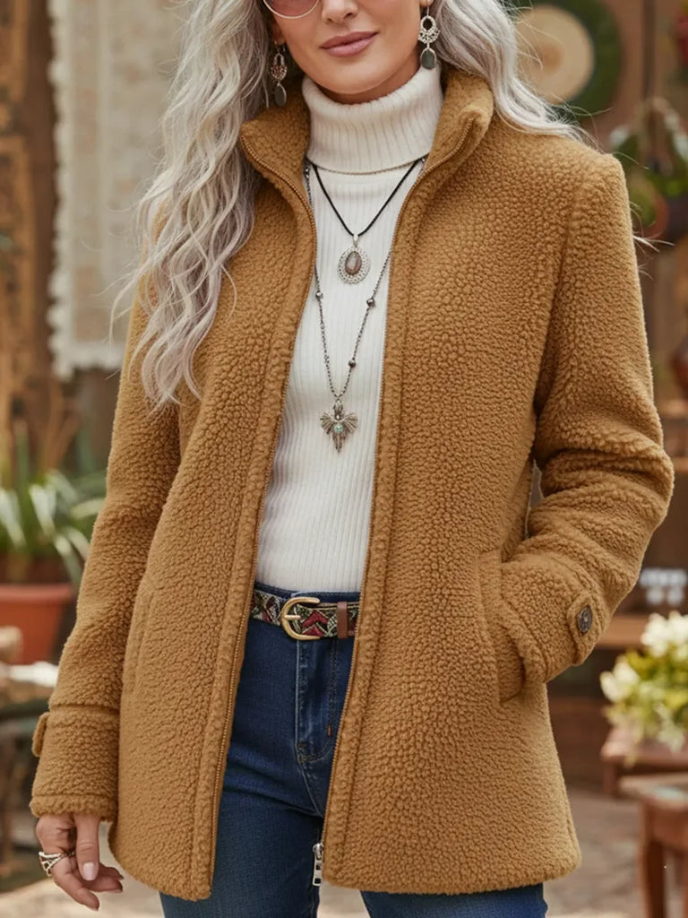 Women’s Full-Zip Lambswool-Feel Stand Collar Jacket – Stylishoe